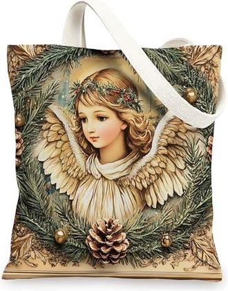 Generic Sac fourre-tout vintage en toile avec ange de Noël pour faire les courses, 33 x 38,1 cm, couronne de pommes de pin rétro, sac dépicerie réutilisable, 