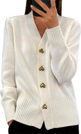 Generic Cardigan en tricot pour femme - Style d&eacute;contract&eacute; - Col en V - Manches longues - Streetwear r&eacute;tro, blanc, Taille XS