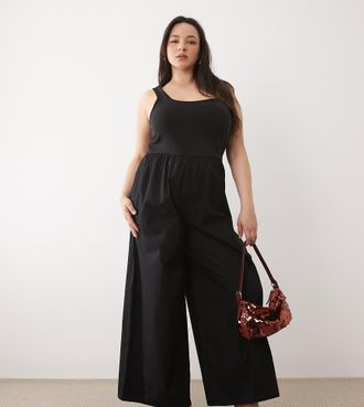 Nobody's Child Combinaison large en coton majoritaire &agrave; bretelles et encolure carr&eacute;e - Noir