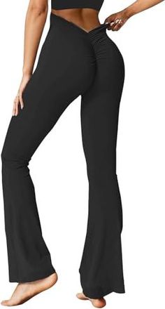 Generic Legging évasé en V pour femme - Coupe à la taille - Bas froncé - Jambe large - Pantalon de yoga pour femme - Taille M et court, Noir, 27-32