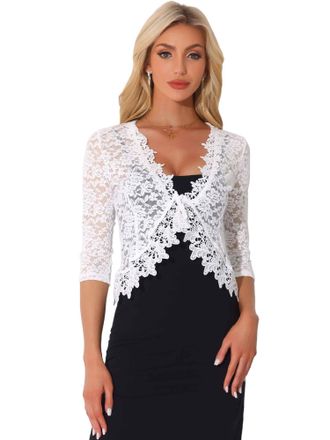 Allegra K Strickjacken F&uuml;r Damen 3/4-&Auml;rmeln H&auml;keljacke Spitze Bolero Jacke Elegant Wei&szlig; XL