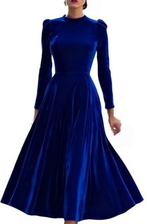 Generic Robe longue en velours &agrave; manches longues pour femme, couleur unie, robe dinvit&eacute;e de mariage, coupe ajust&eacute;e, robe midi pour f&ecirc;te, bleu, M