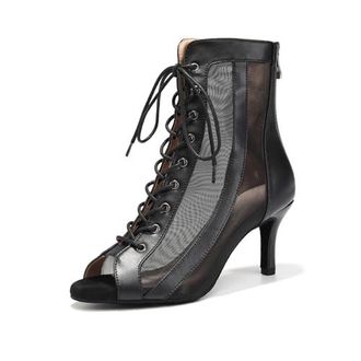 Generic Chaussures de danse latine pour femme - Noir - Avec maille - Bout ouvert - Pour salle de bal - Salsa Tango - Chaussures de performance confortables - 