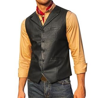 Generic Gilet &agrave; col &agrave; revers en cuir synth&eacute;tique pour homme - Simple boutonnage - L&eacute;ger - Tendance et uni - Veste de moto l&eacute;g&egrave;re sans manches, Noir, XXL