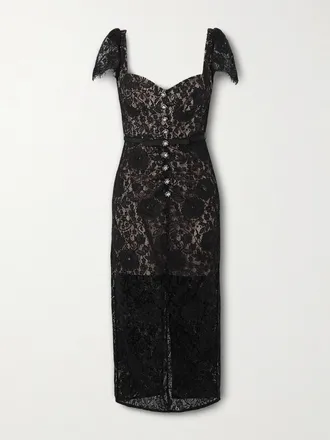 Self Portrait Robe Midi En Dentelle De Coton Mélangé À Ornements Et À Ceinture - Noir