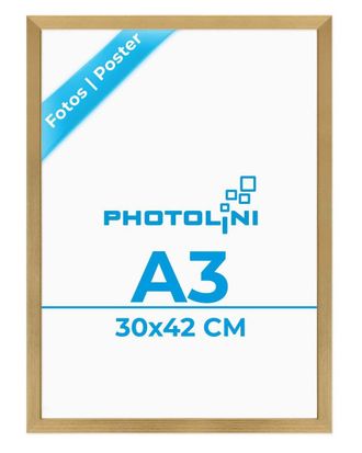 Photolini Bilderrahmen A3 Holz MDF Gold, A3 Bilderrahmen 30x42 Holz MDF, DIN A 3 Rahmen mit Acrylglas, Picture Frame 42x30 zum Aufh&auml;ngen, Rahmen 42 x 30 mit Zub
