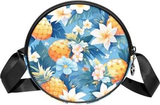 Generic Sac &agrave; bandouli&egrave;re rond pour femme, motif fleurs dananas avec fermeture &eacute;clair, bretelles r&eacute;glables, sac &agrave; main rond d&eacute;contract&eacute; pour femmes et filles