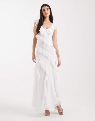 Forever New Bridal - Maxikleid aus Chiffon in Elfenbein mit V-Ausschnitt und R&uuml;schen-Wei&szlig;