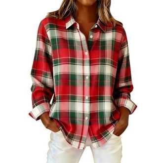 Generic Chemise d&eacute;contract&eacute;e pour femme - Couleur contrast&eacute;e - Automne et hiver - Imprim&eacute; &agrave; carreaux - Chemisier &agrave; carreaux pour femme, Rouge, 3XL