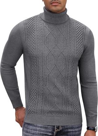 Coofandy Pull Homme Hiver Col Roulé Slim Fit Grosse Maille Motif Torsadé Business Manches Longues Norvégien Thermique Gris Moyen XL