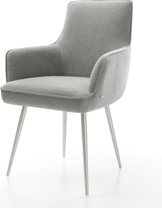 DELIFE Esszimmerstuhl Heira-Flex mit Armlehnen Strukturstoff Soft Grau 4-Fu&szlig; konisch Edelstahl Taschenfederkern, Esszimmerst&uuml;hle