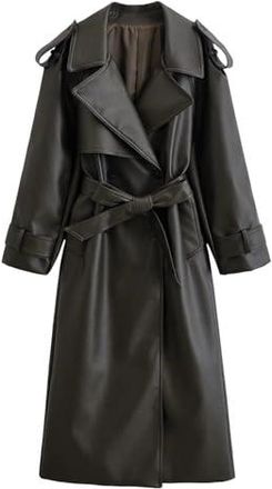 Generic Trench-coat X-long en simili cuir avec ceinture pour femme - Col rabattu Manches longues double boutonnage, caf&eacute;, L
