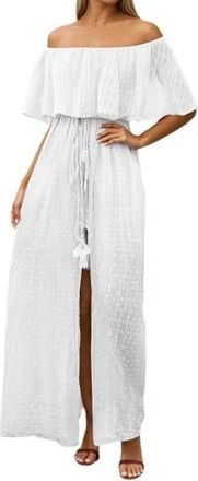 Generico Robe maxi en ligne A avec ouverture l&eacute;g&egrave;re et a&eacute;r&eacute;e Robe maxi boh&egrave;me avec ceinture Robe longue d&eacute;t&eacute; sans &eacute;paules pour femme, blanc, X-Large