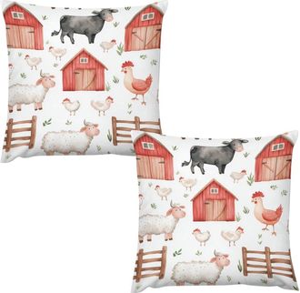 Generic Bauernhaus, Cottage, Abstrakt, Kuh, Schaf, Hahn Sofakissen Atmungsaktiv Kissenbezug Luxuri&ouml;se Kissenbez&uuml;ge F&uuml;r Balkon Sofa Heimdekoration 45X45Cm 2Er 