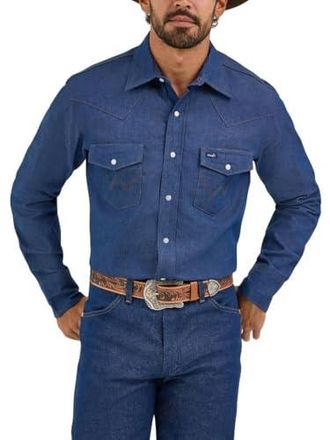 Wrangler Mens Authentic Cowboy Cut Work Western Long-Sleeve Firm Finish Shirt, Rigid Indigo Denim, X-Large