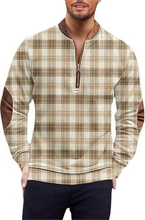 Generic Pull à carreaux avec fermeture éclair 1/4 pour homme - Coudières - Couleurs contrastées - Hauts à manches longues, Z02-beige, 3XL