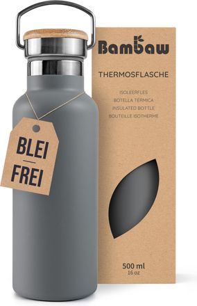 Bambaw Thermosflasche 500ml, Trinkflaschen Grau, Edelstahl Trinkflasche, Thermosflasche Sp&uuml;lmaschienenfest, Flasche Metall Kinder - Anthrazit