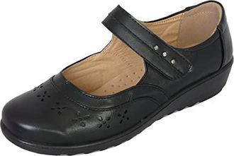 Cushion-Walk EEE Chaussures plates Mary Jane à coupe large pour femme - Légères et légères - En similicuir noir - Décontractées - Pour le travail, lécole, Noir, 38