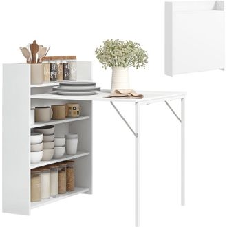 HOMCOM Table &agrave; manger pliante, table de cuisine pour 3 personnes, plateau &agrave; abattant et 4 &eacute;tag&egrave;res, 78,5x91x93cm, blanc-Blanc