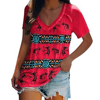 Janly T-shirts surdimensionn&eacute;s pour femmes T-shirt avec col en V Western Aztec Impression ethnique pour les loisirs Style d&eacute;t&eacute; Fille T-shirt dr&ocirc;le T-shirts 