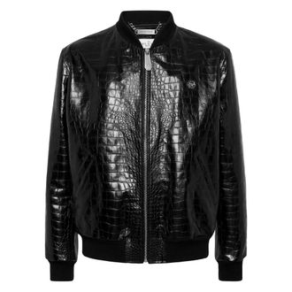 Philipp Plein Homme, Vestes, Noir, Taille: 3XL Leather Bomber Cocco Print