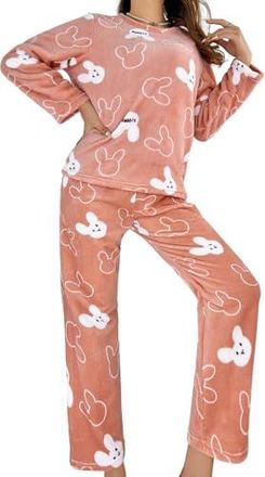 Onsoyours Pyjama Femme Polaire Hiver Chaud Pyjama en Flanelle Ensembles de Pyjama à Manches Longues Vêtements de Nuit Chaud et Doux A Rose XS