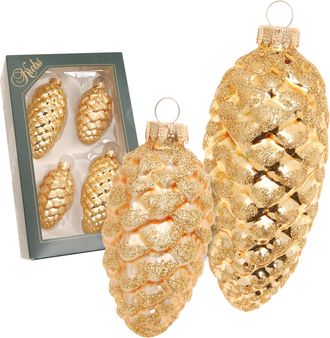 Krebs Glas Lauscha Weihnachtsdekoration/Christbaumschmuck aus Glas - Tannenzapfen Set - Inhalt: 4 Stück - Farbe: Gold - Größe: ca. 8-10 cm