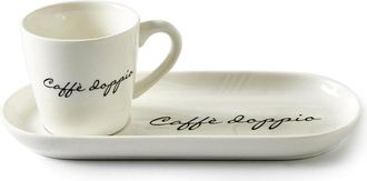 Riviera Maison Tasse und Untertasse Set, Porzellan Kaffeetasse mit Text, Kaffeebecher, Kaffeeset - 1 St&uuml;ck - Caff&egrave; Doppio - Wollwei&szlig; - (LxBxH) 25.5x11x8-195ML