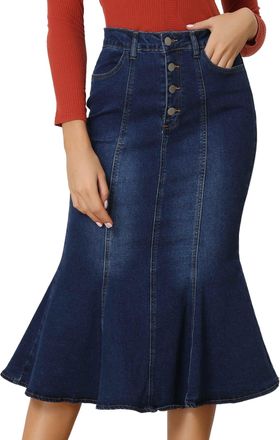 Allegra K Damen Denimrock Fischschwanz Rock Distressed Jeansrock Langer Rock Dunkelblau XL