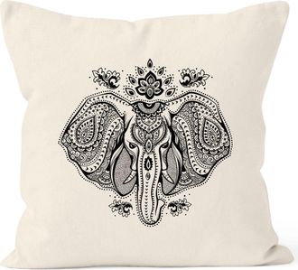 Autiga Kissenbezug Kissen-H&uuml;lle Mandala Elefant Elephant Boho Ethno Deko-Kissen 40x40 Baumwolle Natur 40cm x 40cm