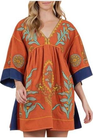 Generic Robe boh&egrave;me brod&eacute;e avec col et manches 3/4 pour femme, coupe ample, Orange, XXL