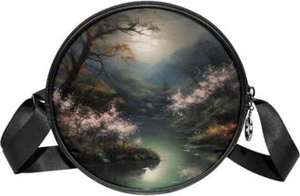 Generic Tranquil Lake Petit sac &agrave; bandouli&egrave;re rond d&eacute;contract&eacute; avec fermeture &eacute;clair et bretelles r&eacute;glables pour femme et fille
