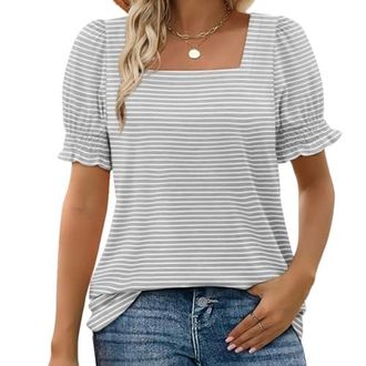 Generic T-shirt d&eacute;contract&eacute; &agrave; col carr&eacute; et manches smock&eacute;es pour femme, haut habill&eacute; et d&eacute;contract&eacute; &agrave; manches volant&eacute;es, Rayures grises, XXL