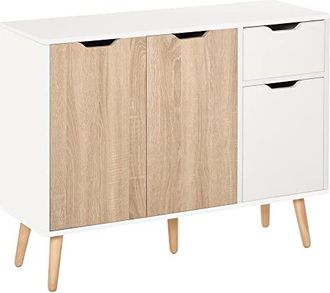 HOMCOM Buffet Design scandinave 2 placards tiroir Coulissant Pieds Bois Massif pin Panneaux Particules Blanc ch&ecirc;ne Clair