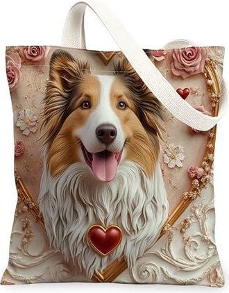 Generic Rough Collie Sac fourre-tout en toile r&eacute;utilisable pour le shopping 33 x 38 cm, motif coeur en relief pour la Saint-Valentin, sac d&eacute;picerie pour femme