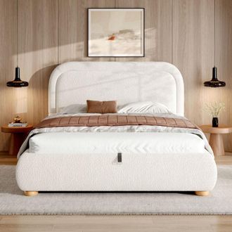 Liberte Lit coffre 160x200 capitonn&eacute; boucl&eacute; beige, sommier lattes, rangement hydraulique
