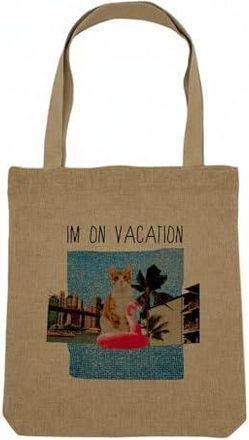 Fabulous Sac Shopping Tote Bag Aspect Lin - Im On Vacation Chat Collage Vintage Illustration Art Humour Parodie Animal - Sac de Courses Toile Epaisse 360g Beig