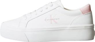 Calvin Klein Baskets Vulcanis&eacute;es Femme Logo Tag en Cuir, Blanc (Bright White/Sweet Pink), 40