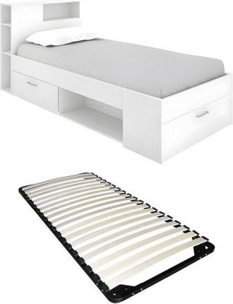 Vente-Unique Vente-unique - Lit avec t&ecirc;te de lit rangements et tiroir - 90 x 190 cm - Blanc + Sommier - leandre