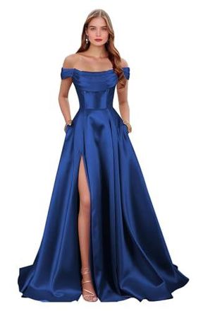Generic Robes de bal en satin avec fente sans bretelles, corset trapèze, robes de bal à épaules dénudées, longues robes de soirée formelles avec poches, bleu 