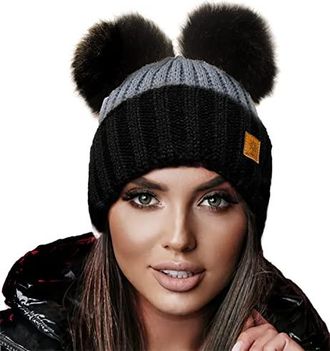 4sold Miki Mesdames Femmes dhiver Chapeau en Laine Tricoté Bonnet avec Double Pom Pom Cap Ski Snowboard Bobble (Dark Grey)