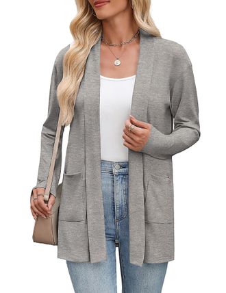 Zeagoo Strickjacke Damen Langarm Dünne Strickjacken Herbst Lang Jacke Elegant Cardigan Vorne Offen mit Taschen Oberteile Casual Herbst Tops Einfarbig Hellgra