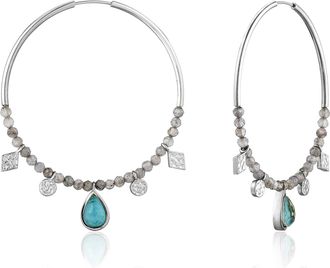 Ania Haie Damen Ohrringe MINERAL GLOW Hoop aus 925 Sterling Silber, besetzt mit Labradorit, Diamanten und T&uuml;rkis, Durchmesser: 10,4cm, inkl. Geschenkverpackung