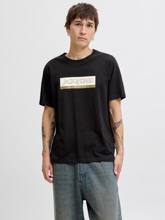 Jack & Jones T-Shirt JACK & JONES JORINWOOD BLOCK BRANDING TEE SS CN, Herren, Gr. XS, schwarz, Jersey, Obermaterial: 100% Baumwolle, bedruckt, regular fit normal, 