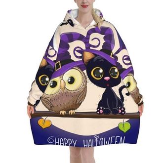 Generic Couverture &agrave; capuche surdimensionn&eacute;e, chaton noir et hibou sur une branche, couverture &agrave; capuche douce et confortable en flanelle pour adulte