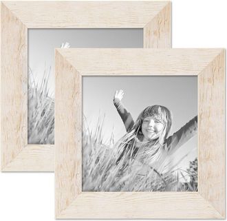 Photolini Bilderrahmen 15x15 cm Holz Weiß, 2er Set Echtholz-Rahmen rustikal, Strandhaus, Made in Germany, Echtglas, zum Aufhängen & Aufstellen, extra Zubehör - 