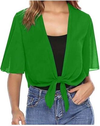 Generic Boléro cardigan dété en mousseline de soie pour femme - Boléro décontracté à manches mi-longues - Cardigan léger à nouer sur le devant - Veste courte 