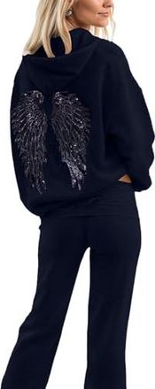Generic Surv&ecirc;tement pour femme - Ensemble 2 pi&egrave;ces pour femme - &Eacute;l&eacute;gant et douillet - Avec paillettes - Ailes dange - Ensemble 2 pi&egrave;ces avec sweat &agrave; capuche e