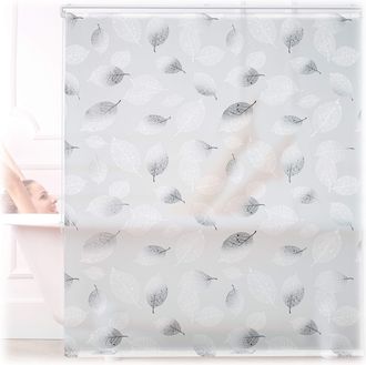 Relaxdays Duschrollo, 140 x 240 cm, Blatt Muster, Seilzug, flexible Montage, Duschvorhang für Badewanne, schwarz-weiß