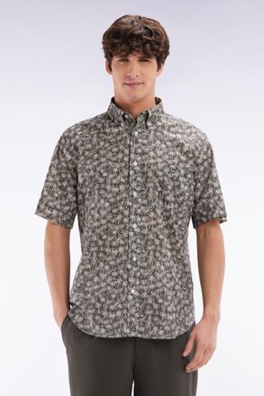 Eden Park Chemise &Agrave; Manches Courtes En Coton Kaki &Agrave; Microimprim&eacute; Palmiers Coupe Droite